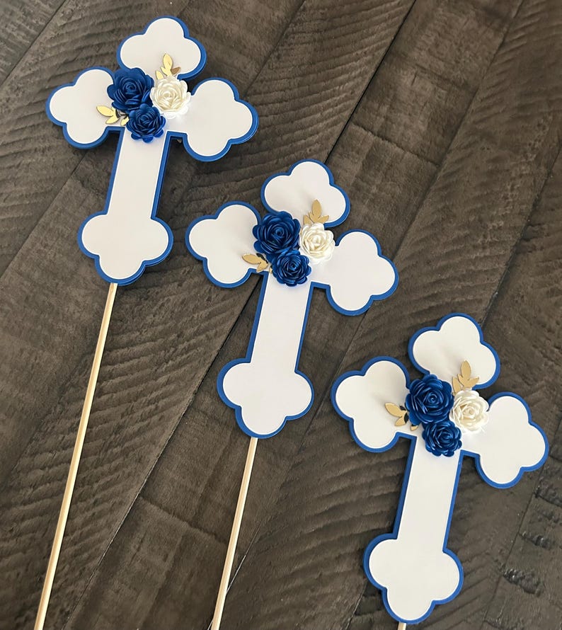 Set of 3 - White Cross Centerpiece Picks, Pick, Religious, Christening ...