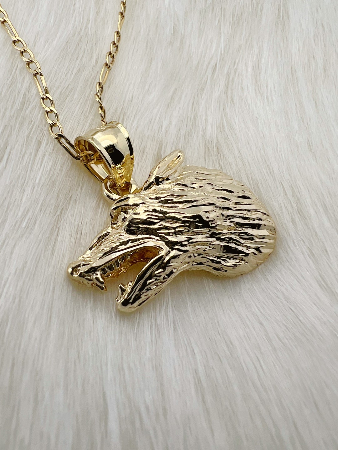 14k Wild Alpha Wolf Pendant, Gold Wolf Head Charm, 3D Golden Wolf, Wolf ...