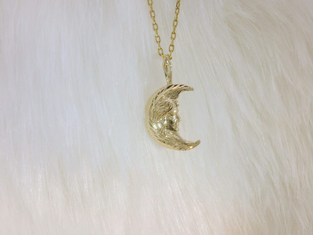 14k Solid Gold Moon Face Pendant: Face of the Moon Charm - Etsy