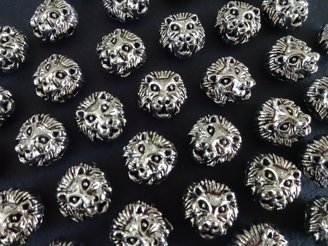 10 PACK 12x13mm Lion Head Metal Beads, Antiqued Silver, Drilled Metal ...