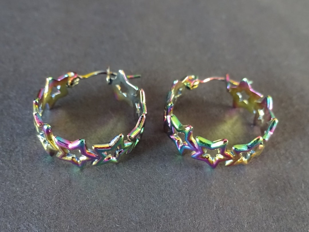 Stainless Steel Rainbow Star Hoop Earrings, Hypoallergenic, Ion Plated ...