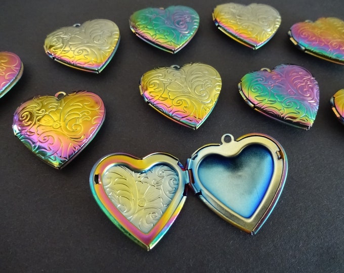 304 Stainless Steel Floral Heart Locket Pendant, 29mm, Rainbow ...