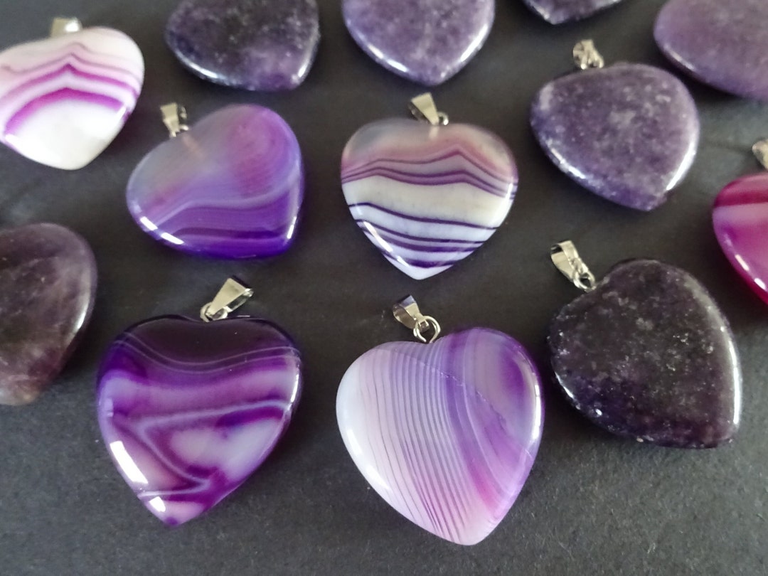 27-28mm Natural Agate Heart Pendant With Brass Loop, Dyed, Purple Heart Charm, Agate Crystal ...