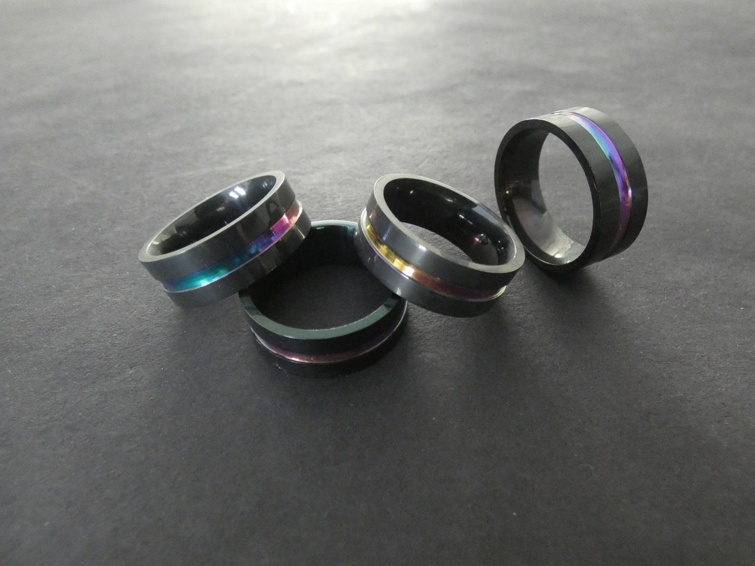 316L Stainless Steel Gunmetal & Rainbow Ring, Handcrafted Steel Band ...