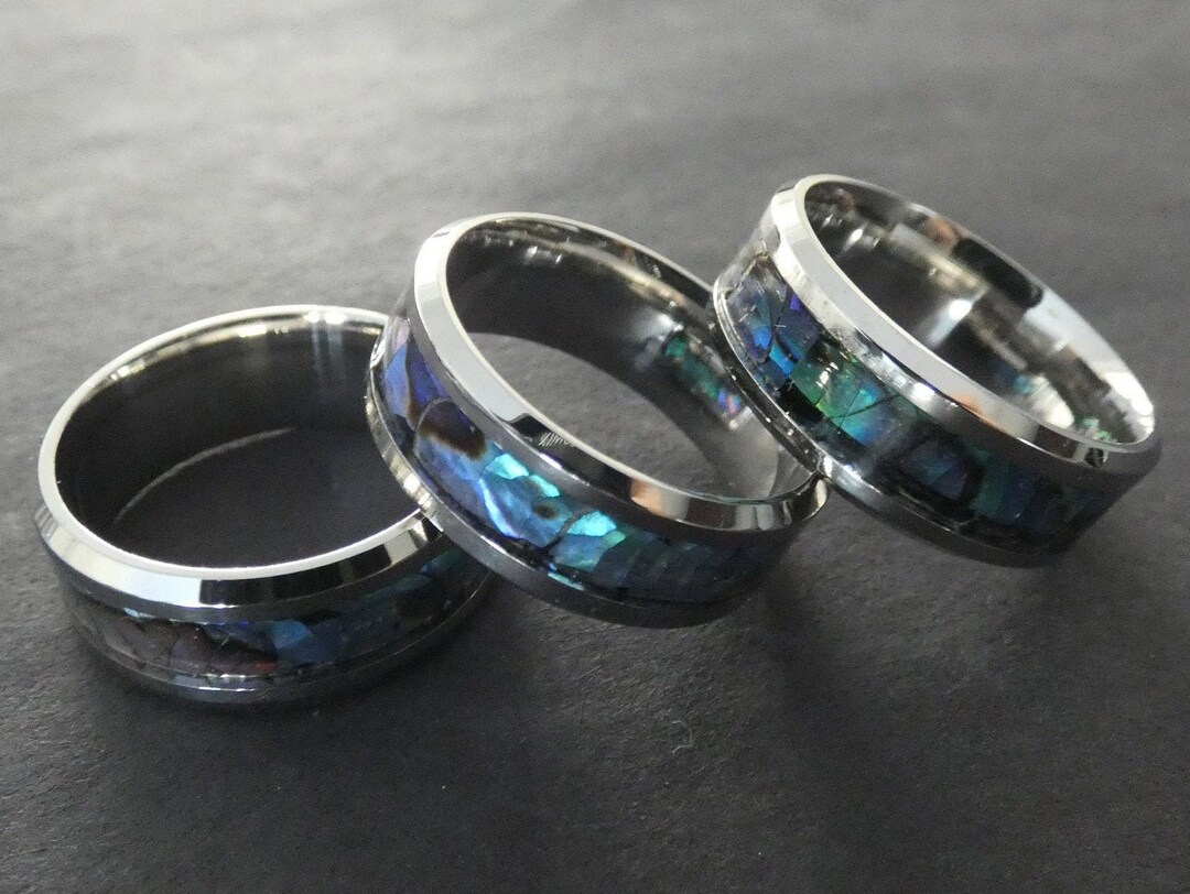 201 Stainless Steel & Shell Ring, Handcrafted Steel Band, Silver, Green ...