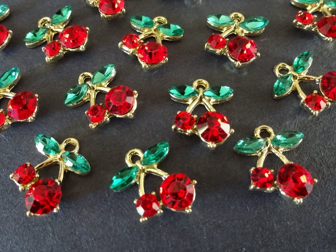 5 PACK of 14mm Alloy Metal Cherry Pendants With Glass Rhinestones ...