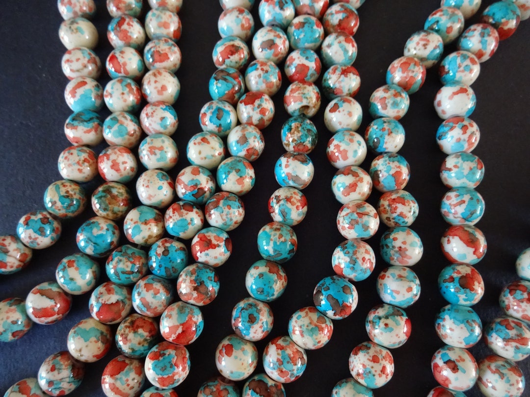 7-8mm Marbeled Glass Round Bead, Blue & Orange, 14.5 Inch Strand of ...