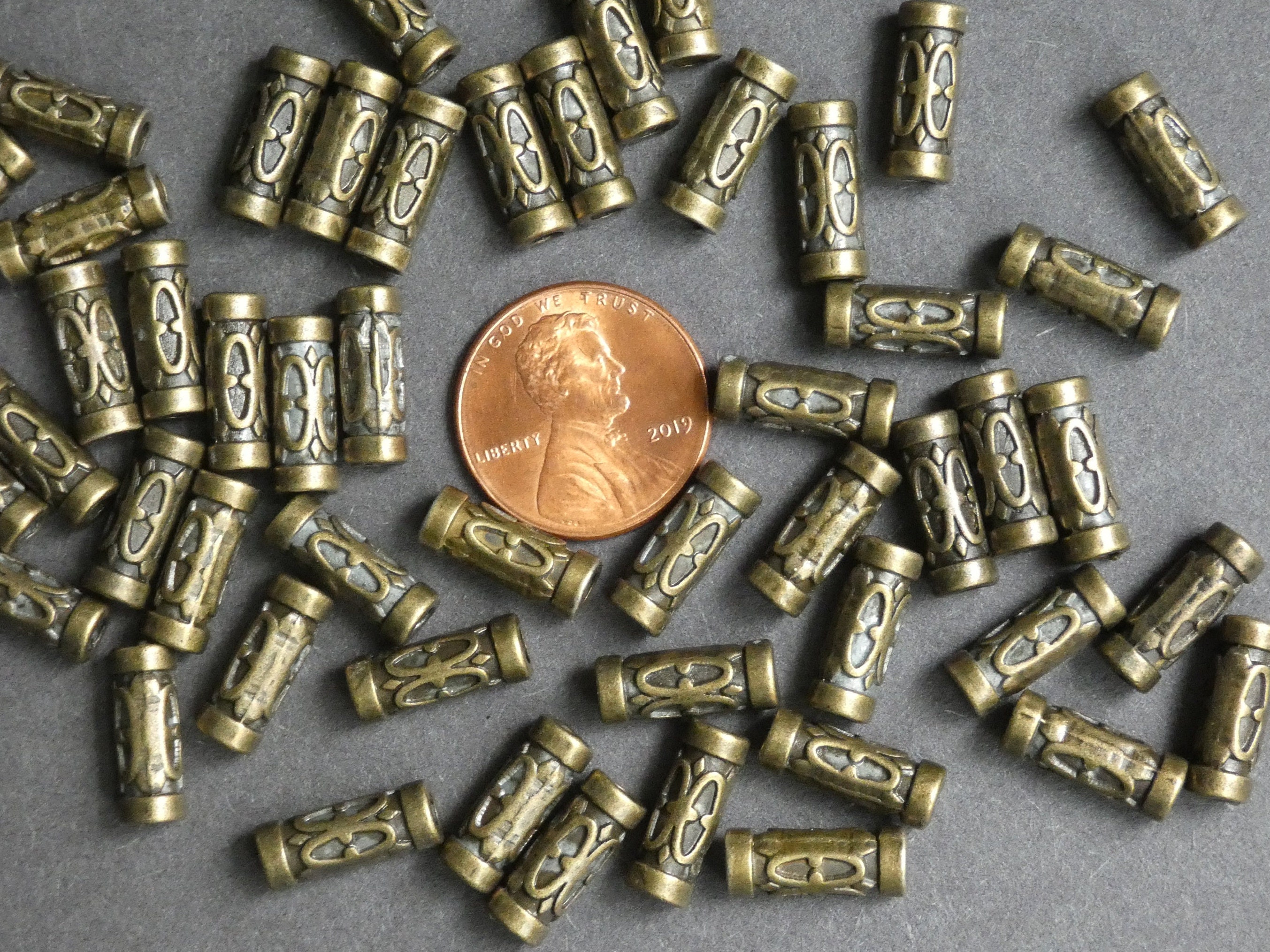50 PACK 13mm Etched Metal Tube Beads, Etched Design, Antiqued Bronze ...