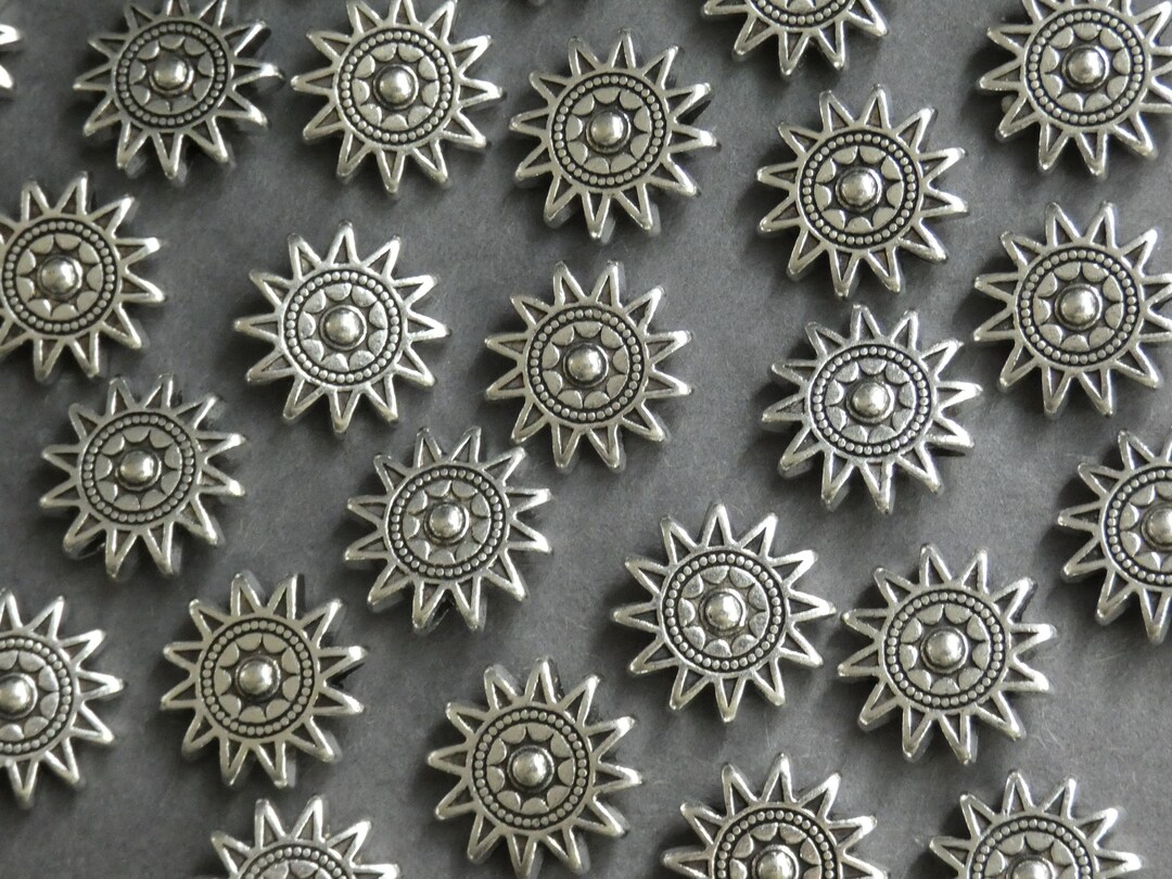 10 PACK 17x6mm Metal Sun Bead, Etched Sun Bead, Antiqued Silver Color ...