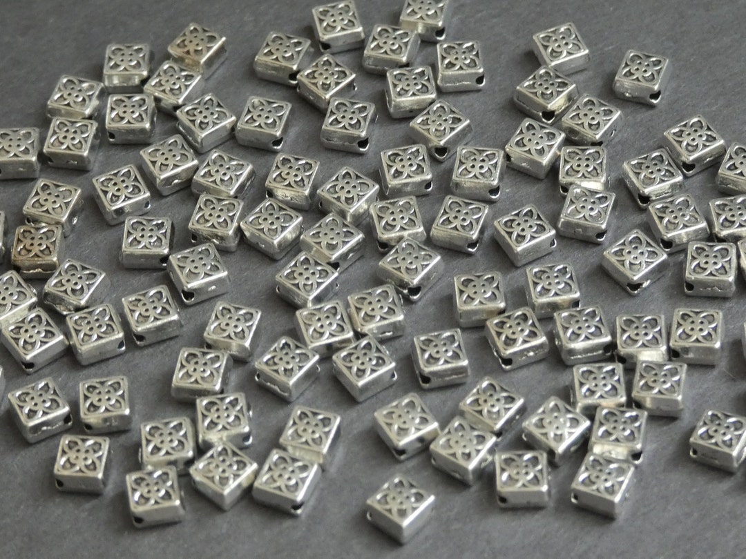 100 PACK 6.5mm Floral Flat Rhombus Metal Beads, Tibetan Silver, Antique ...