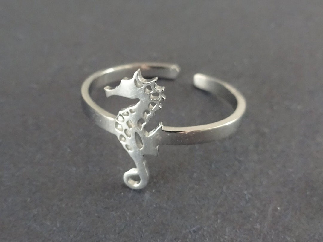 Stainless Steel Silver Seahorse Ring, Resizable Ring, Detailed ...