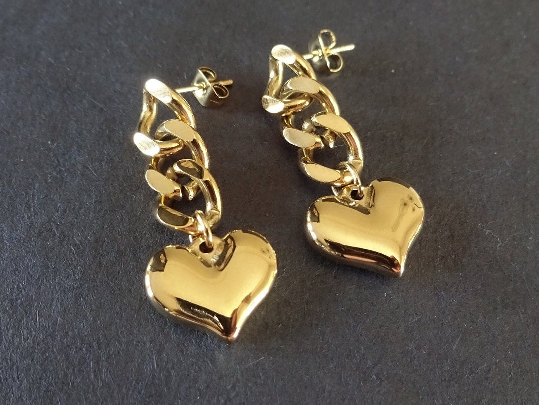 Stainless Steel Gold Curb Chain & Heart Dangle Stud Earrings, Ion ...