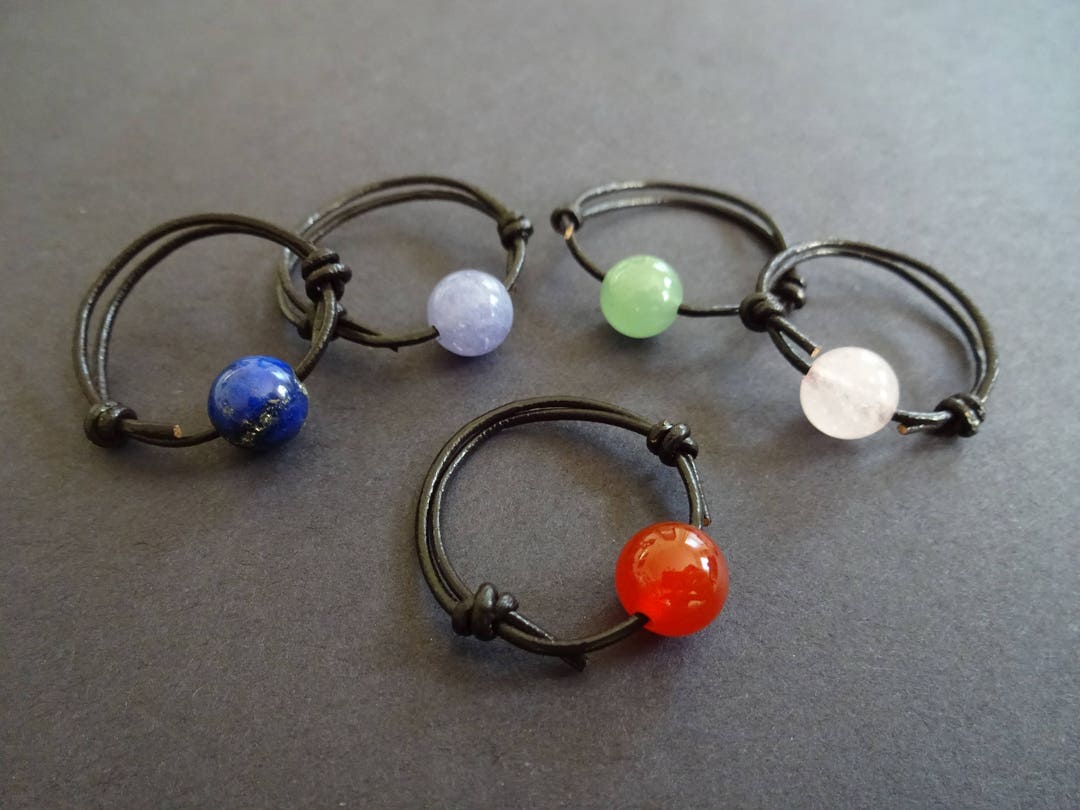 Natural Stone and Authentic Leather Ring, Adjustable Ring, Stone Ball ...