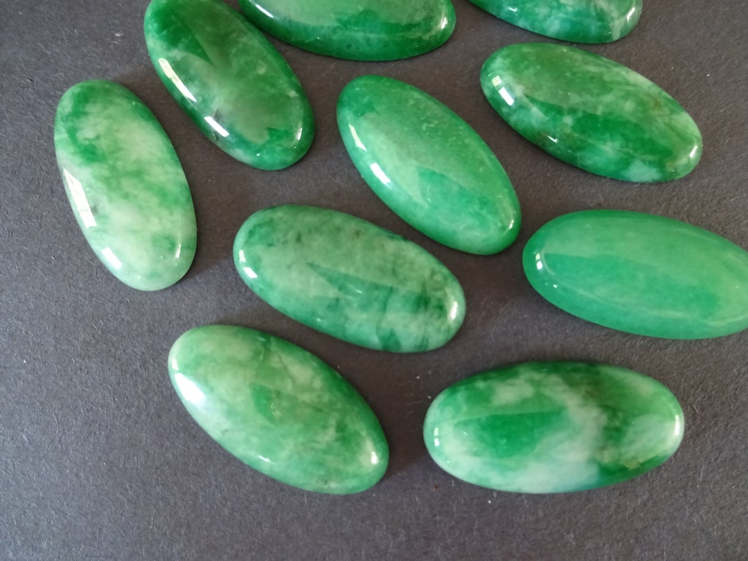 29-30mm Natural and Dyed White Jade Gemstone Cabochon, Dyed Green Oval ...