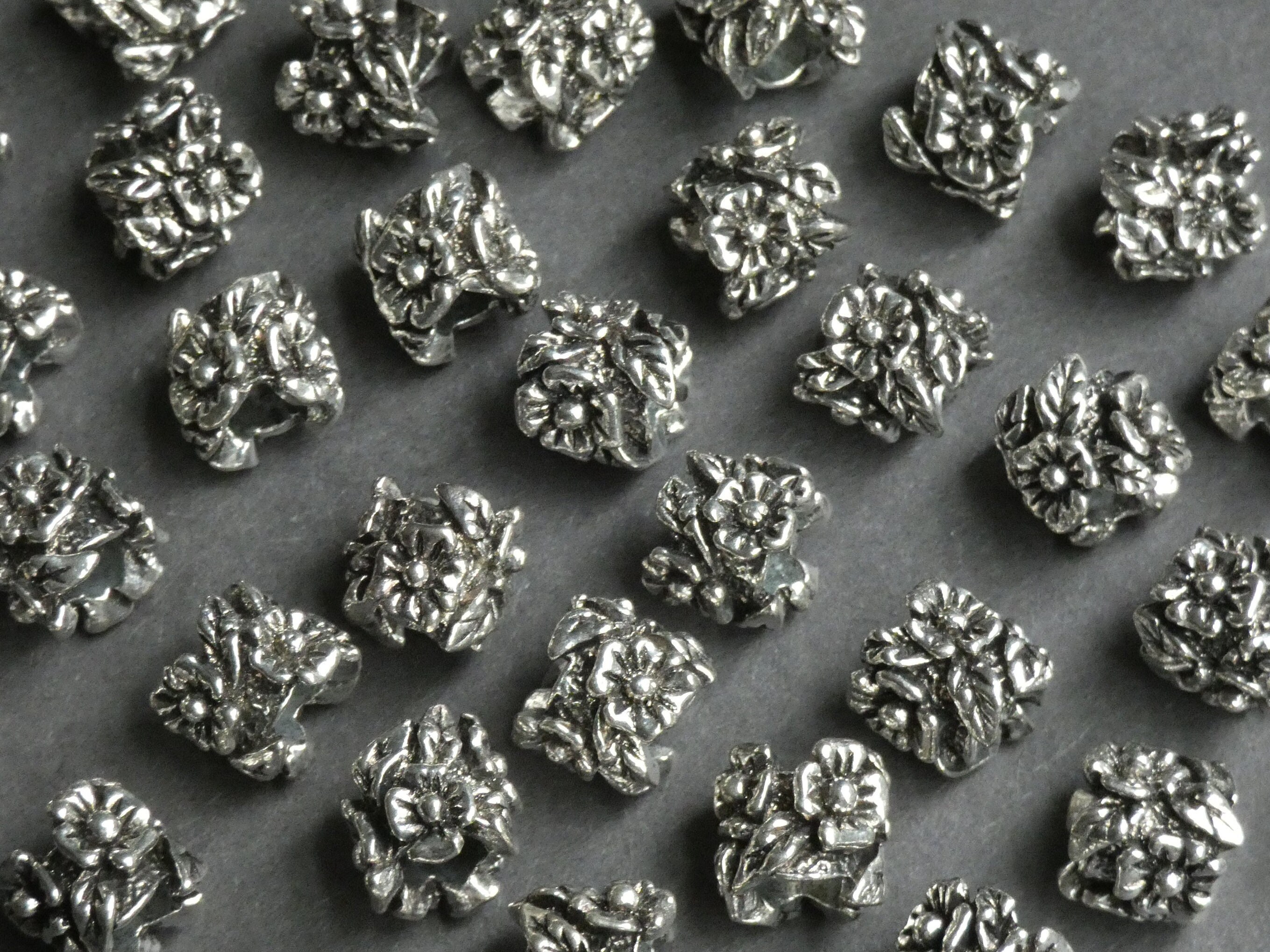 25 PACK 11mm Flower Column Beads, Antiqued Silver Color, 5mm Holes ...