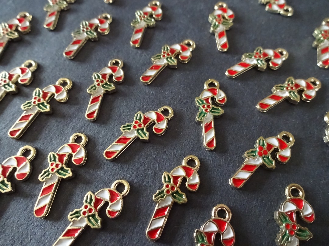 19x7.5mm Candy Cane Enamel & Metal Charm, Golden Metal, Classic Xmas ...