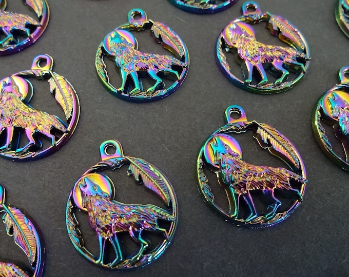 5 PACK of 25mm Metal Wolf Pendant, Rainbow Metal Wolf Charm, Oil Slick ...