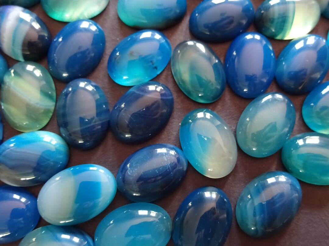 18x13mm Blue Natural Striped Agate Gemstone Cabochon, Dyed Oval ...