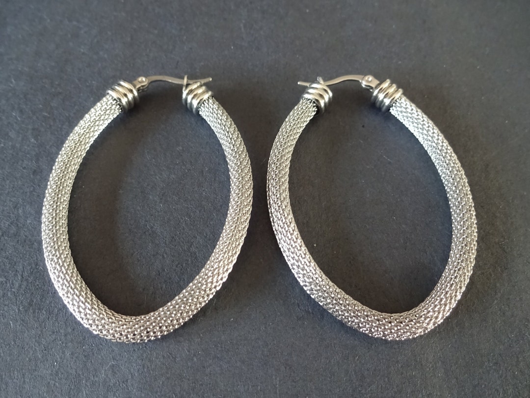Stainless Steel Silver Mesh Hoop Earrings, Hypoallergenic, Silver Oval ...