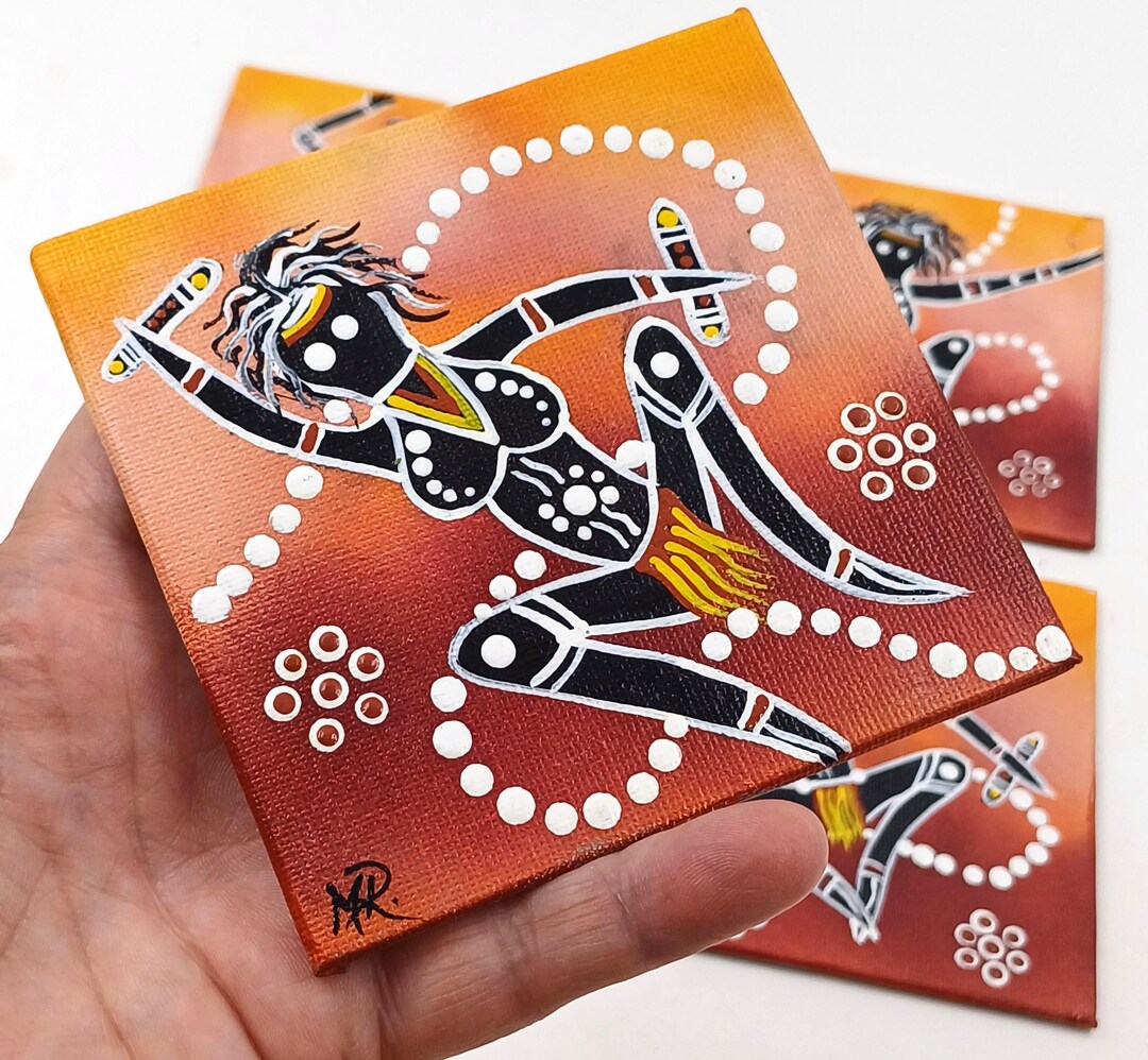 Set of 4 Aboriginal Style Mini Canvas Paintings - Spirit Dancing ...