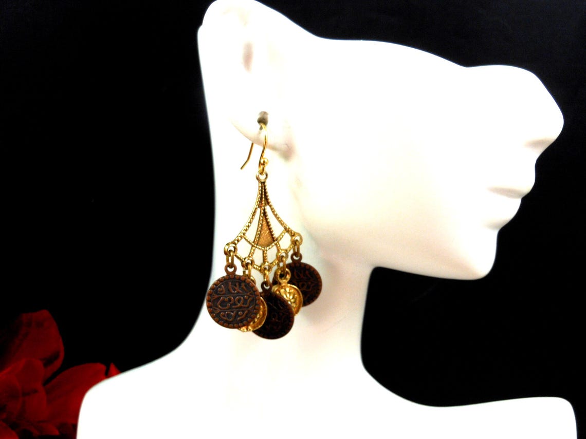Boho Style Gold Copper Faux Coin Fan Shape Dangle Earrings 18K Gold ...