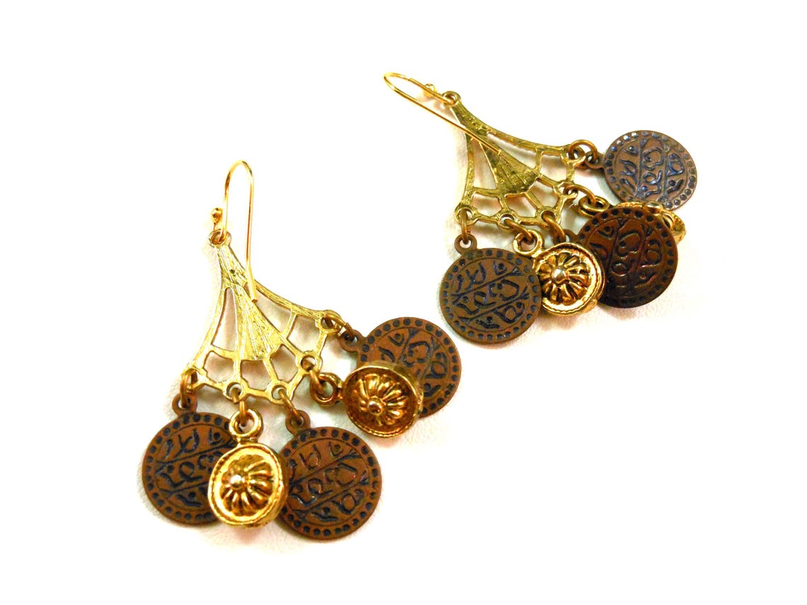 Boho Style Gold Copper Faux Coin Fan Shape Dangle Earrings 18K Gold ...