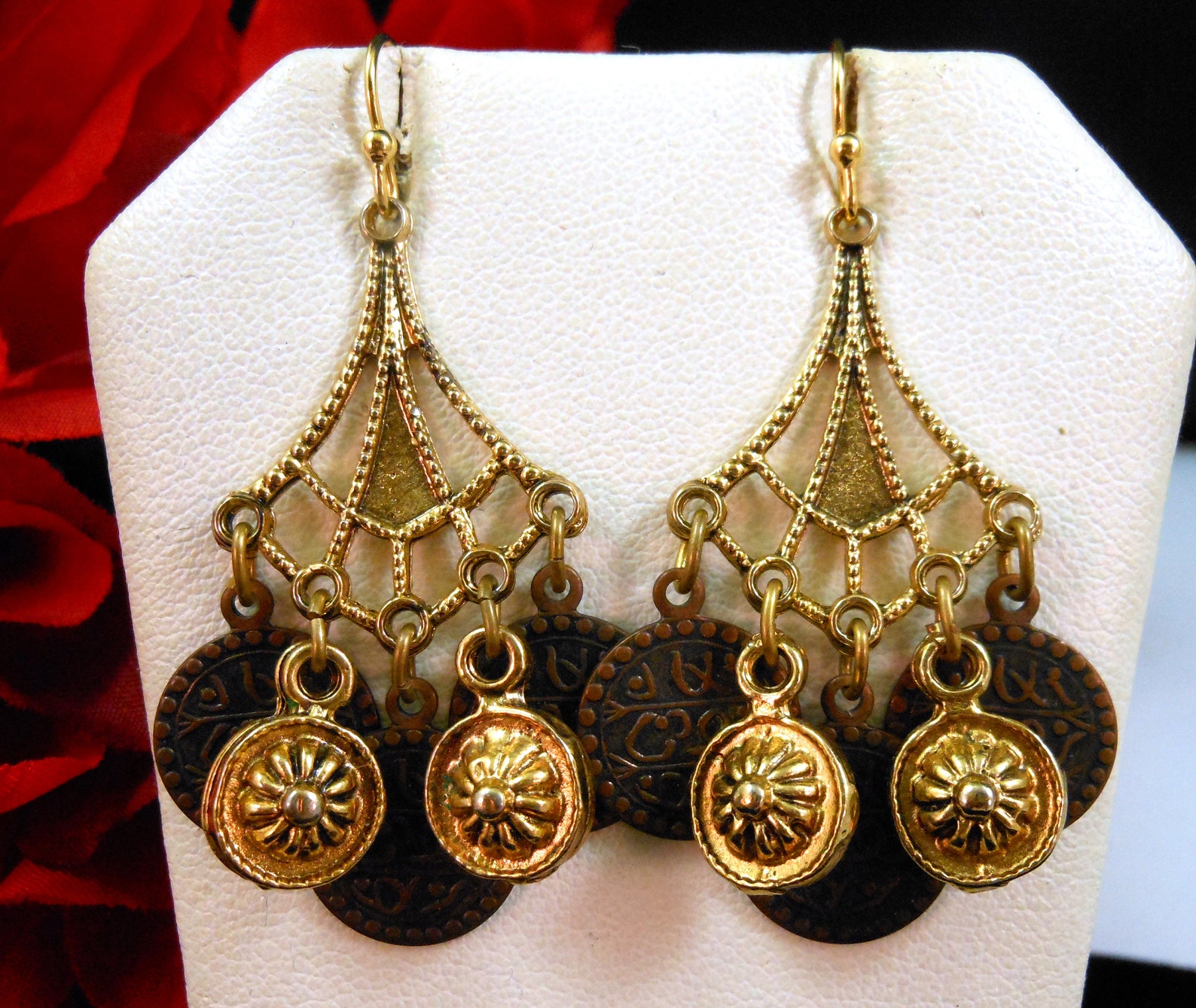 Boho Style Gold Copper Faux Coin Fan Shape Dangle Earrings 18K Gold ...