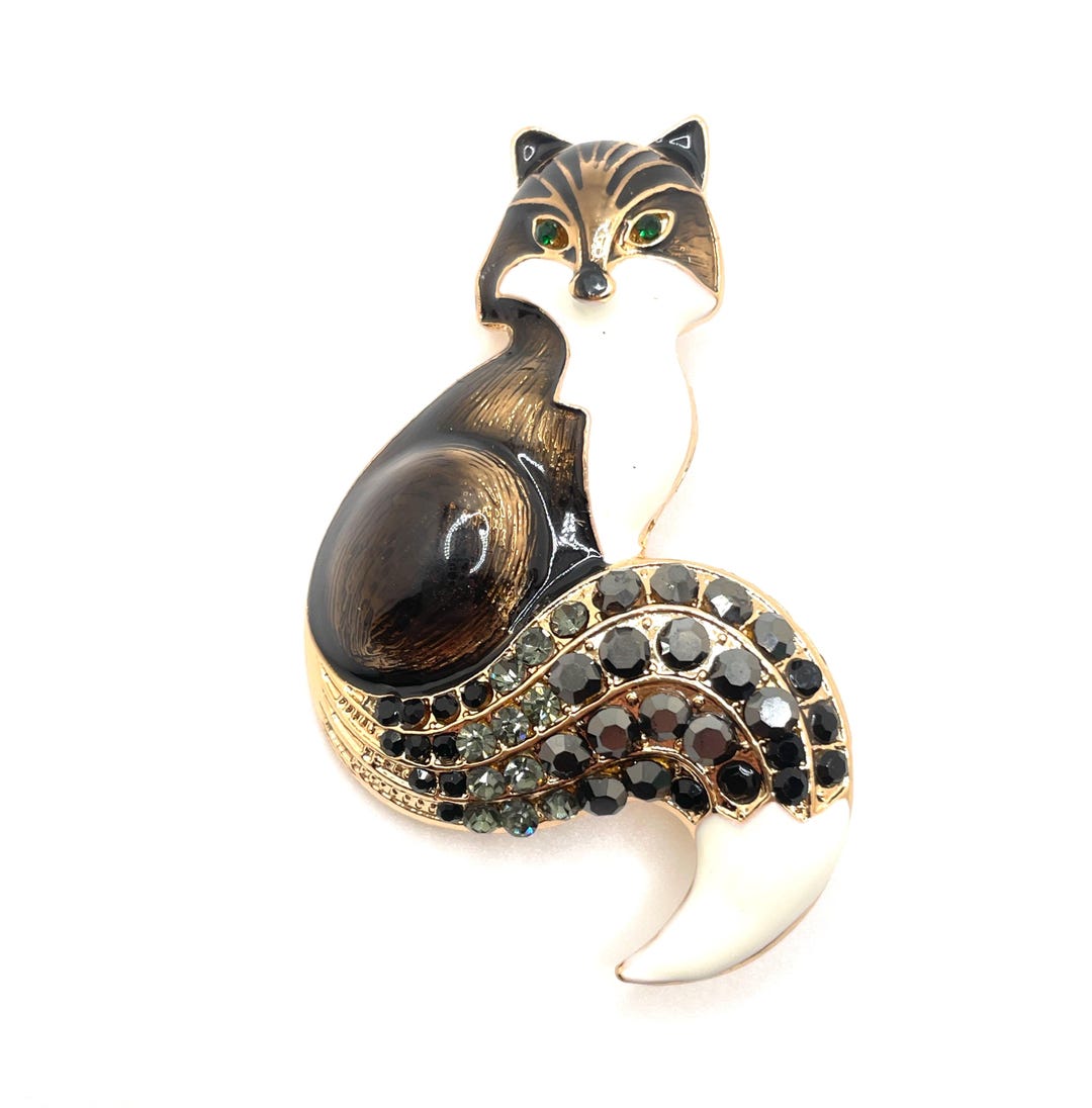 Enamel Fox Brooch Pendant: Rhinestone Tail, Gold Tone - 2