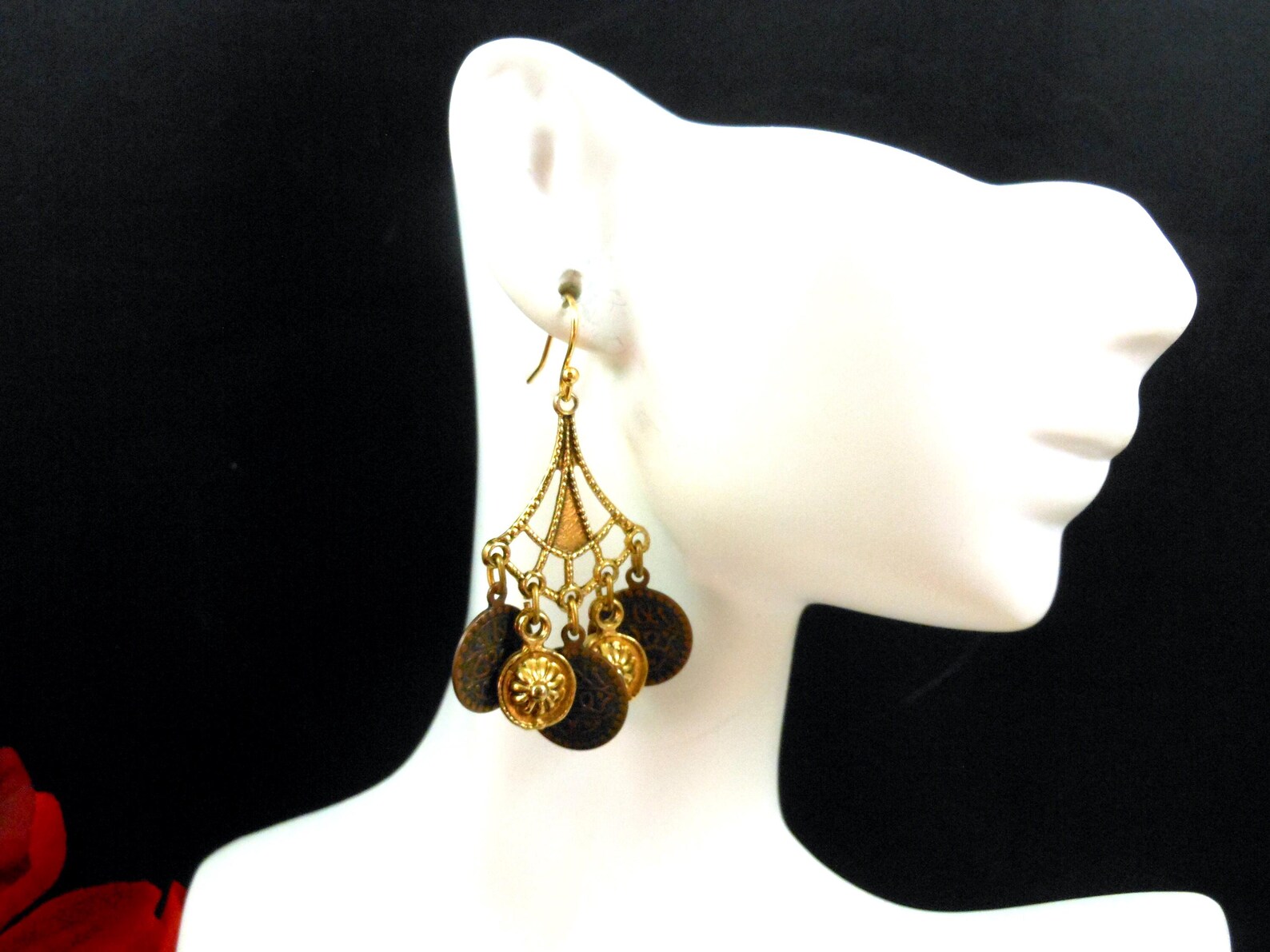 Boho Style Gold Copper Faux Coin Fan Shape Dangle Earrings 18K Gold ...
