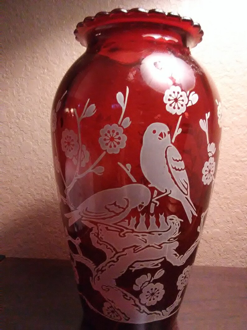 Ruby Red Etched Glass Vase/ Flowered Trees/ Mother Bird | Etsy
