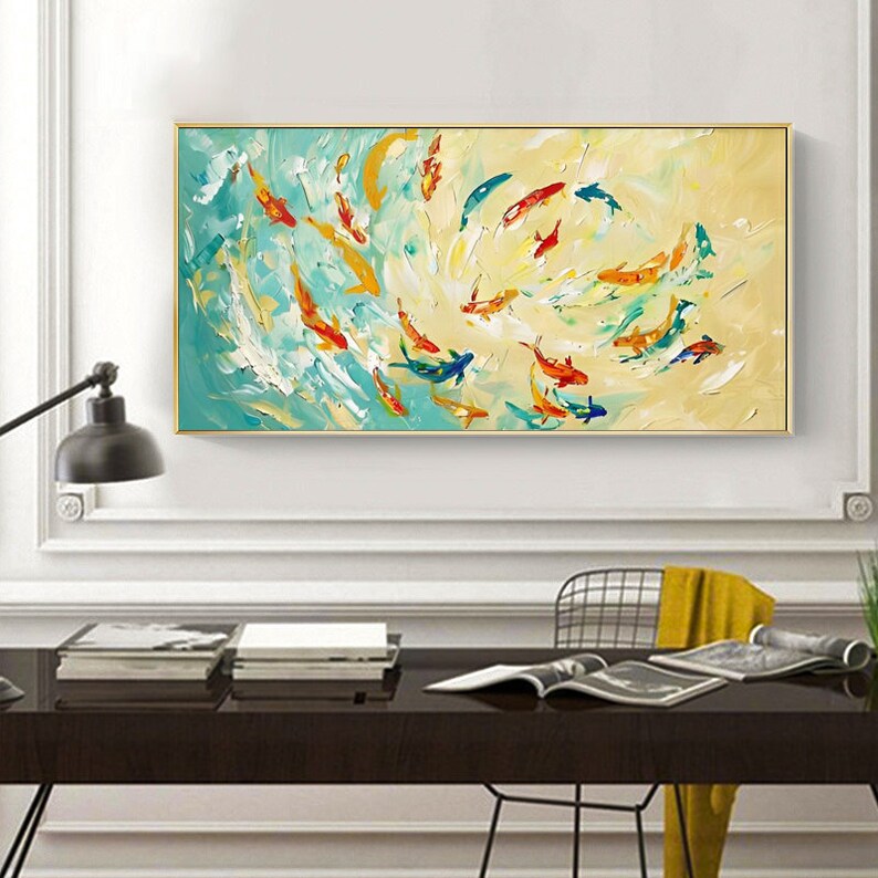 Abstract Acrylic Painting of Swimming Fish, Textured Palette Knife Art ...