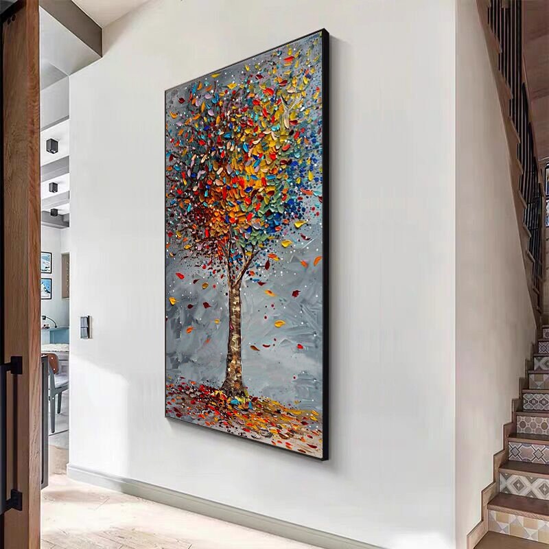 Abstract Tree Painting, Brown Trunk With Colorful Lines and Dots ...