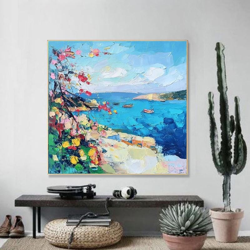 Hand-painted Abstract Seascape Oil Painting, Harbor Artwork, Modern ...