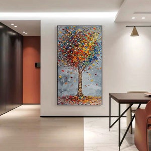 Abstract Tree Painting, Brown Trunk With Colorful Lines and Dots ...