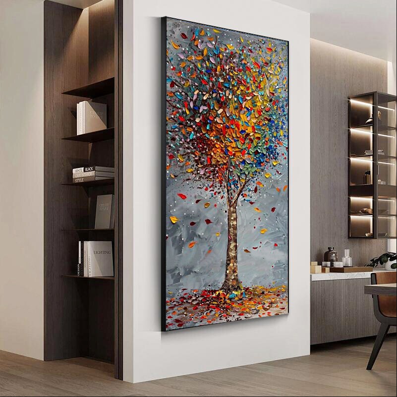 Abstract Tree Painting, Brown Trunk With Colorful Lines and Dots ...