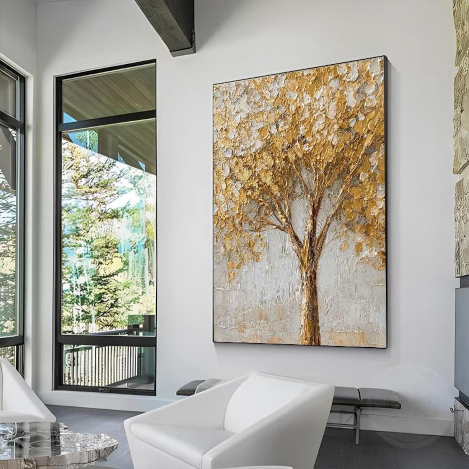 Hand-painted Abstract Oil Painting, Abstract Golden Tree, Modern ...