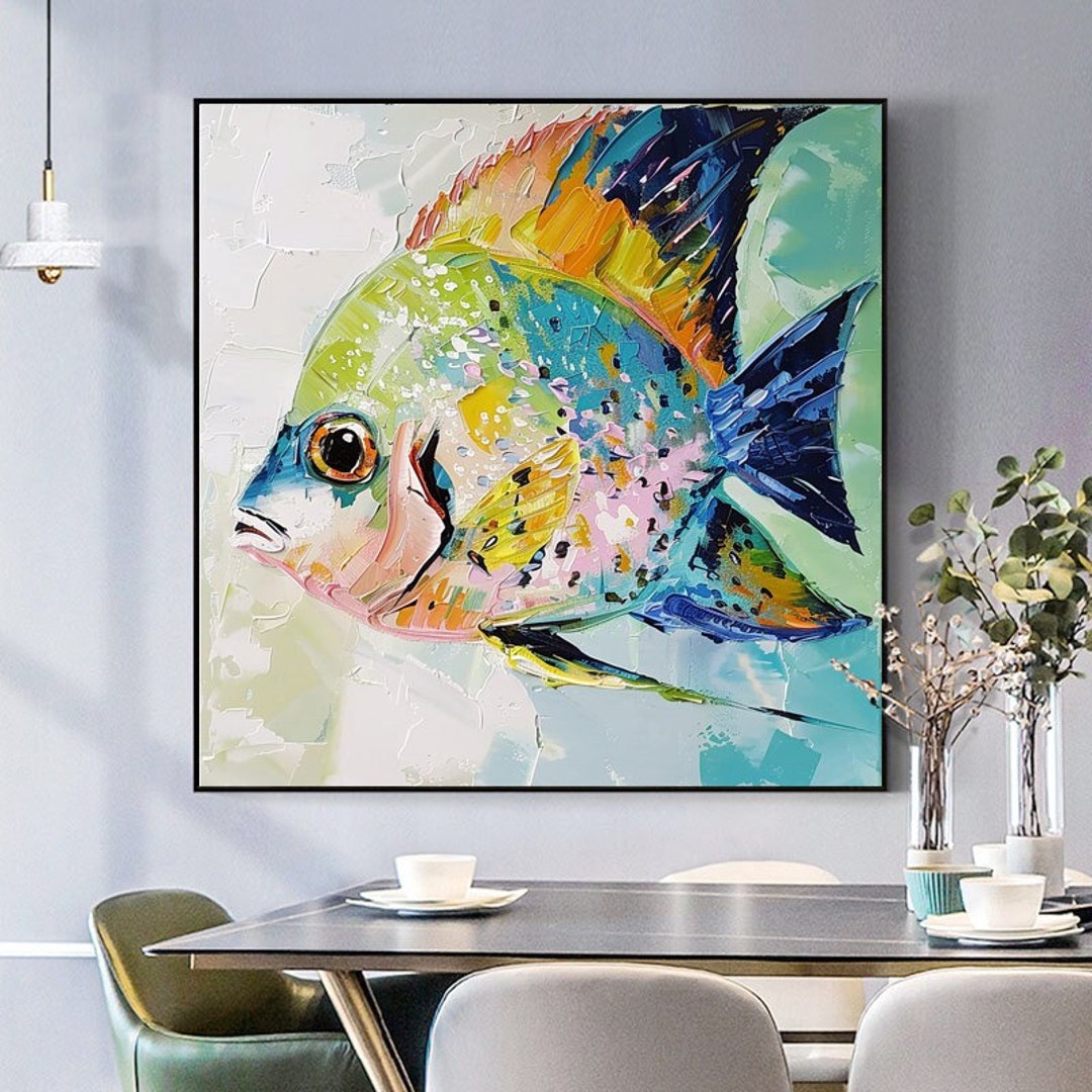 Colorful Tropical Fish Painting, Textured Layered Art for Living Room ...