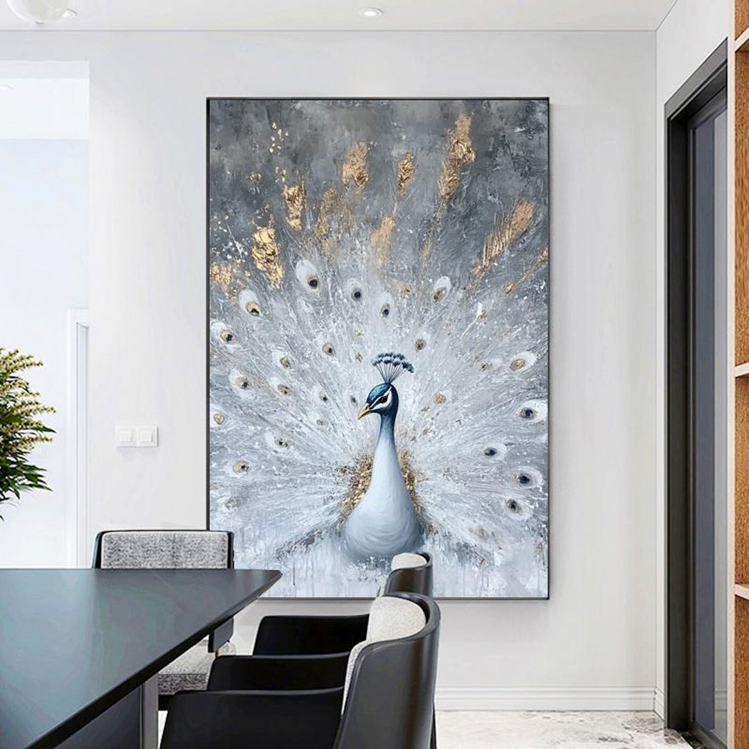 Hand-painted White Peacock Oil Painting, Peacock Display Art, Abstract ...