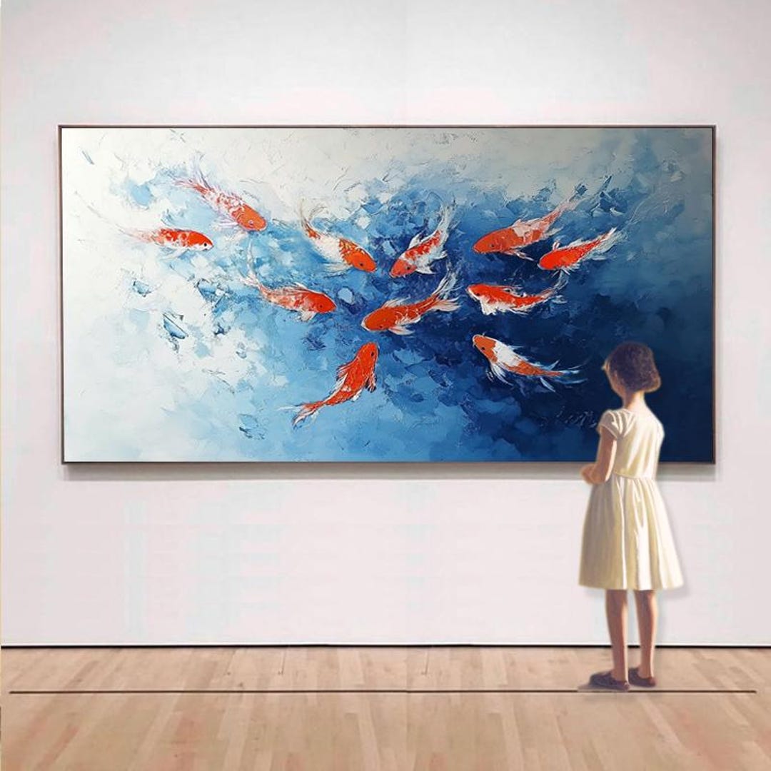 Hand-painted Abstract Fish Oil Painting, Blue Water and Koi, Japanese ...