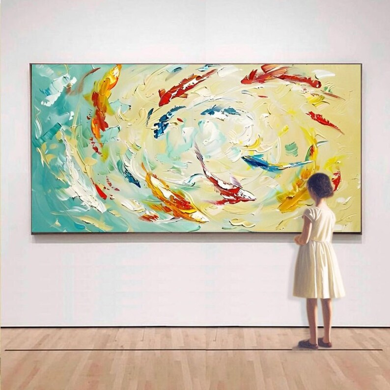 Abstract Acrylic Painting of Swimming Fish, Textured Palette Knife Art ...