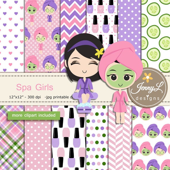 Spa Girls Digital Papers and Clipart SET, Spa Pary, Cucumber, Lipstick ...