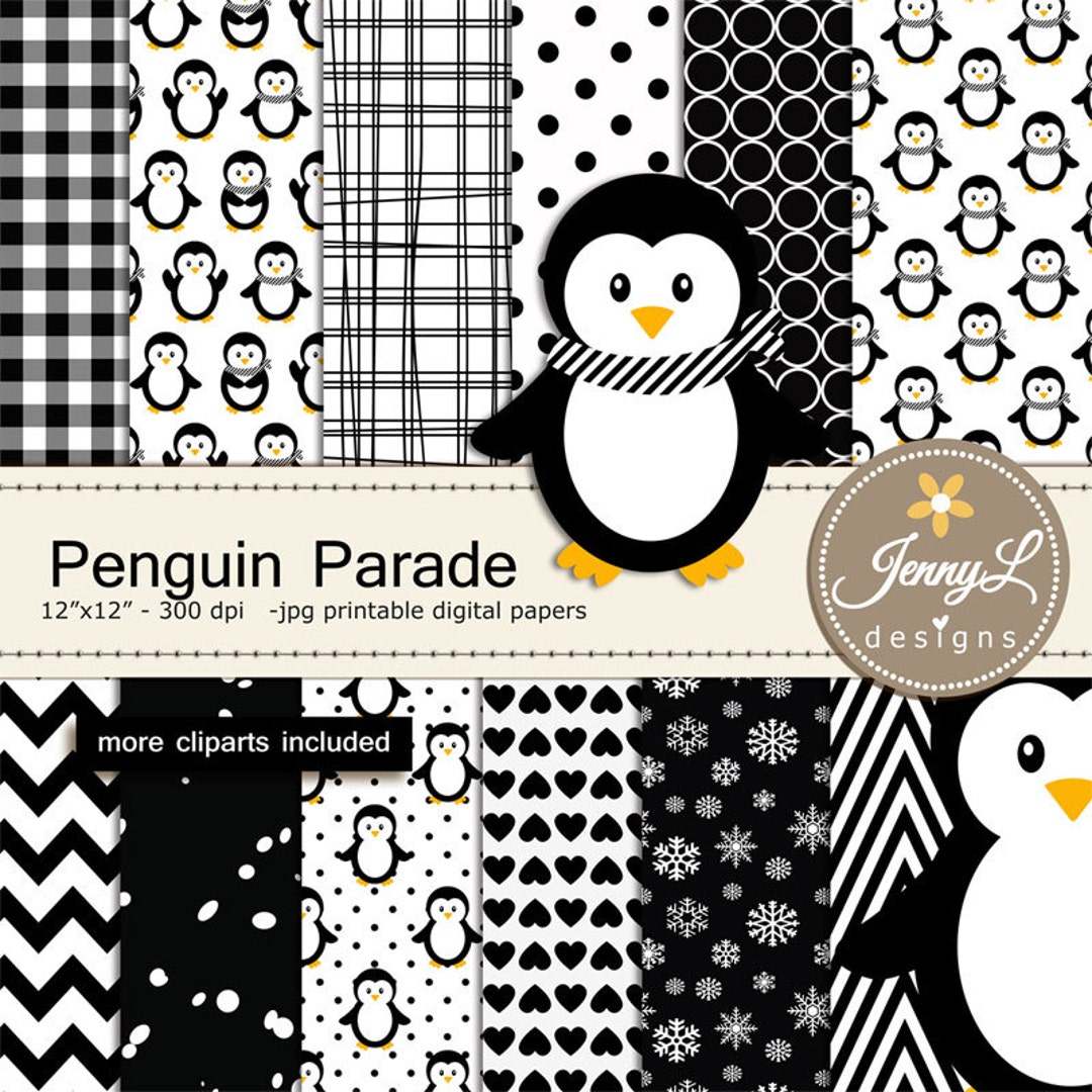 Penguin Digital Paper and Clipart, Winter Snow Penguins for Baby Shower ...