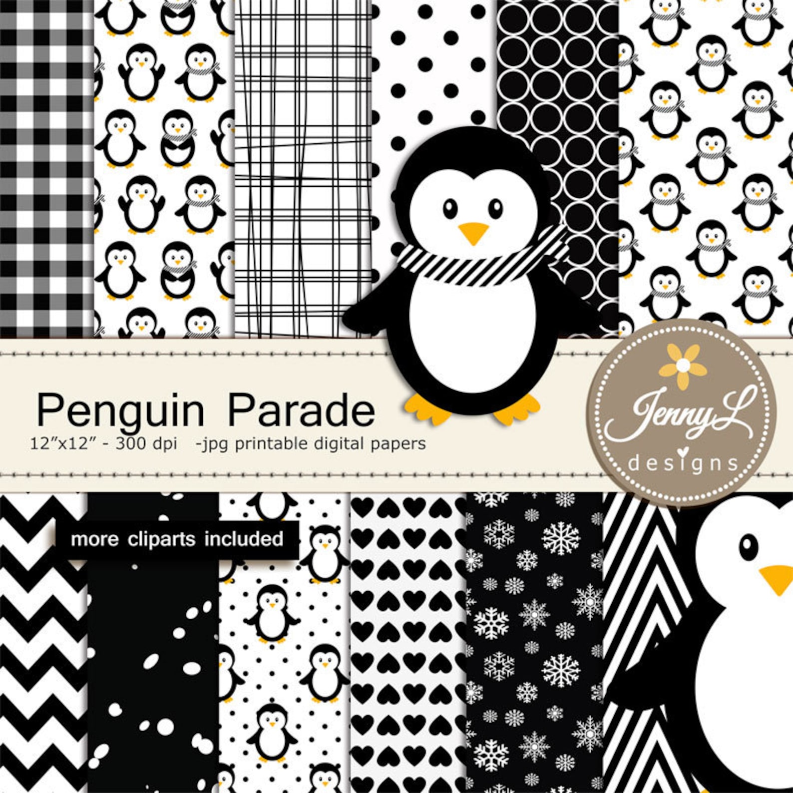Penguin Digital Paper and Clipart Winter Snow Penguins for | Etsy