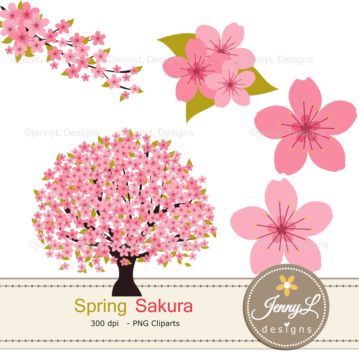 Spring Cherry Blossoms Digital Paper and Clipart, Japanese Sakura for ...