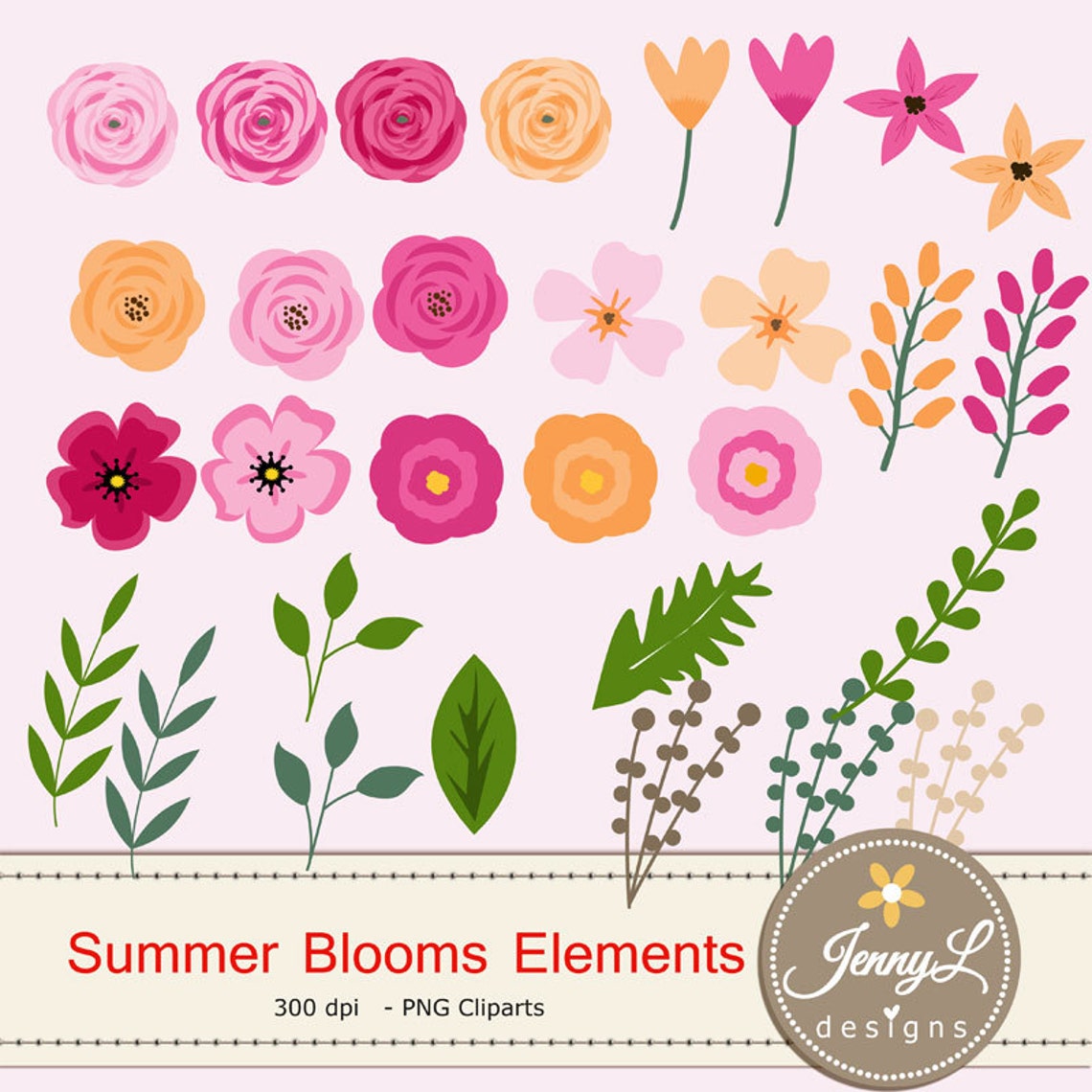 Summer Flower Elements Clipart Pink Wedding Flowers Shabby - Etsy