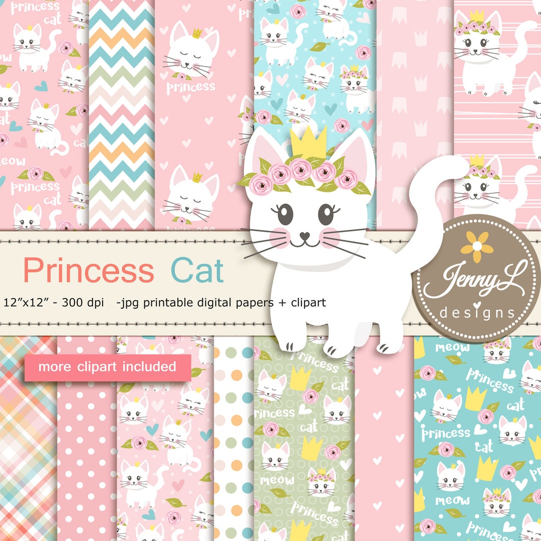 Princess Cat Digital Papers and Clipart SET for Digital Scrapbooking ...