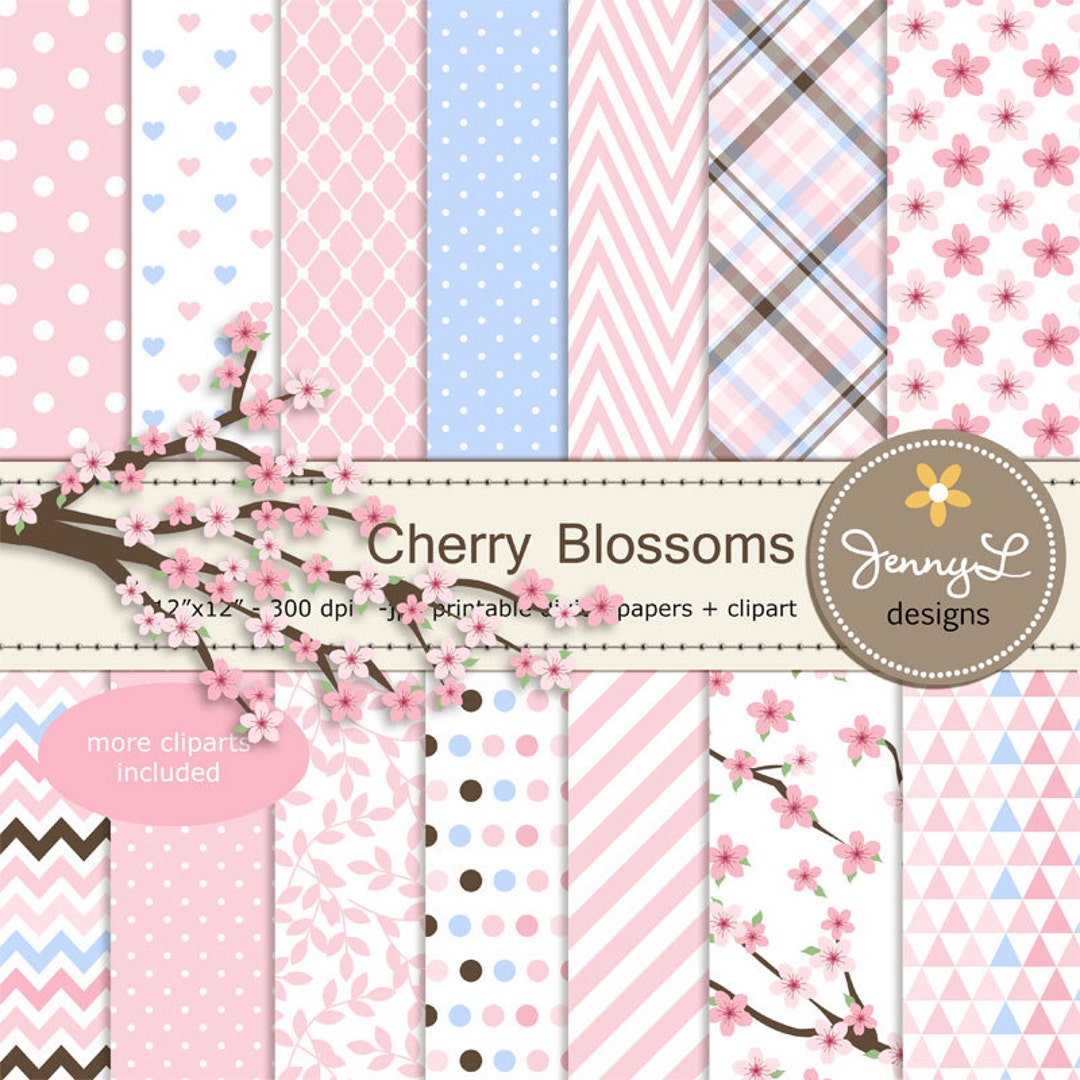 Cherry Blossoms Digital Paper and Clipart, Japanese Sakura for Wedding ...