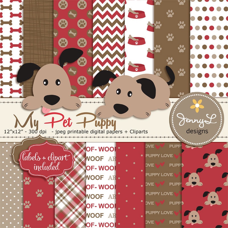 Dog Digital Papers, Pet Puppy Clipart, Red and Brown Theme, Dog Clipart ...