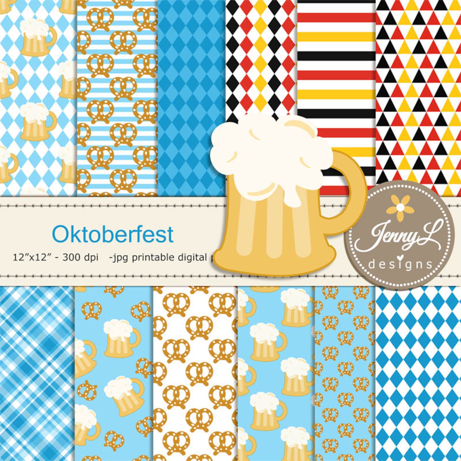 Oktoberfest Digital Paper, Beer Clipart, Pretzels for Digital ...