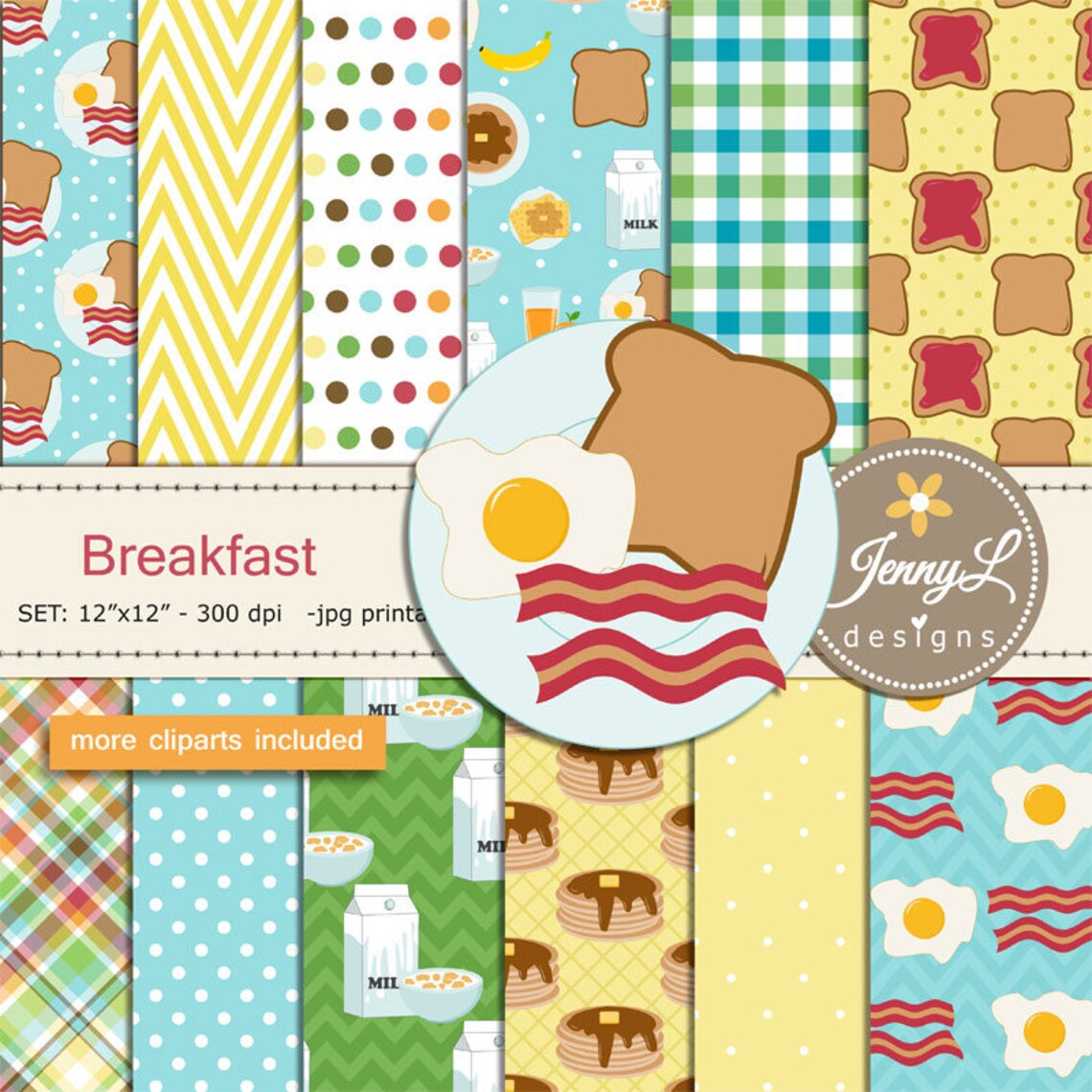 Breakfast Digital Papers and Clipart SET American Food - Etsy